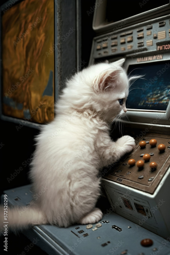 Photorealistic ai artwork of a white kitten playing a retro arcade ...