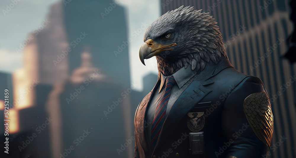an intimidating business Eagle, dressed in a tailored suit with city in ...