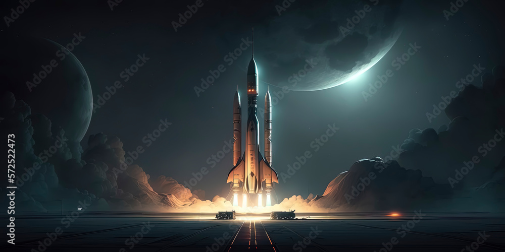 sleek space rocket going to the launchpad. dark stary night. AI ...