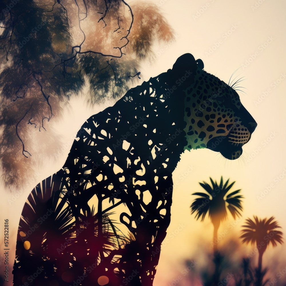 Cool and Beautiful Double Exposure Silhouette Jaguar Animal in Natural ...