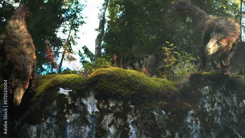 3D render animation of feathered raptors hunting ankylosaurus dinosaurs ...