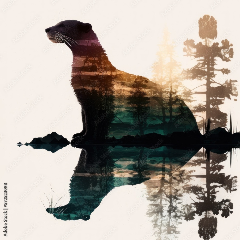 Cool and Beautiful Double Exposure Silhouette Otter Animal in Natural ...