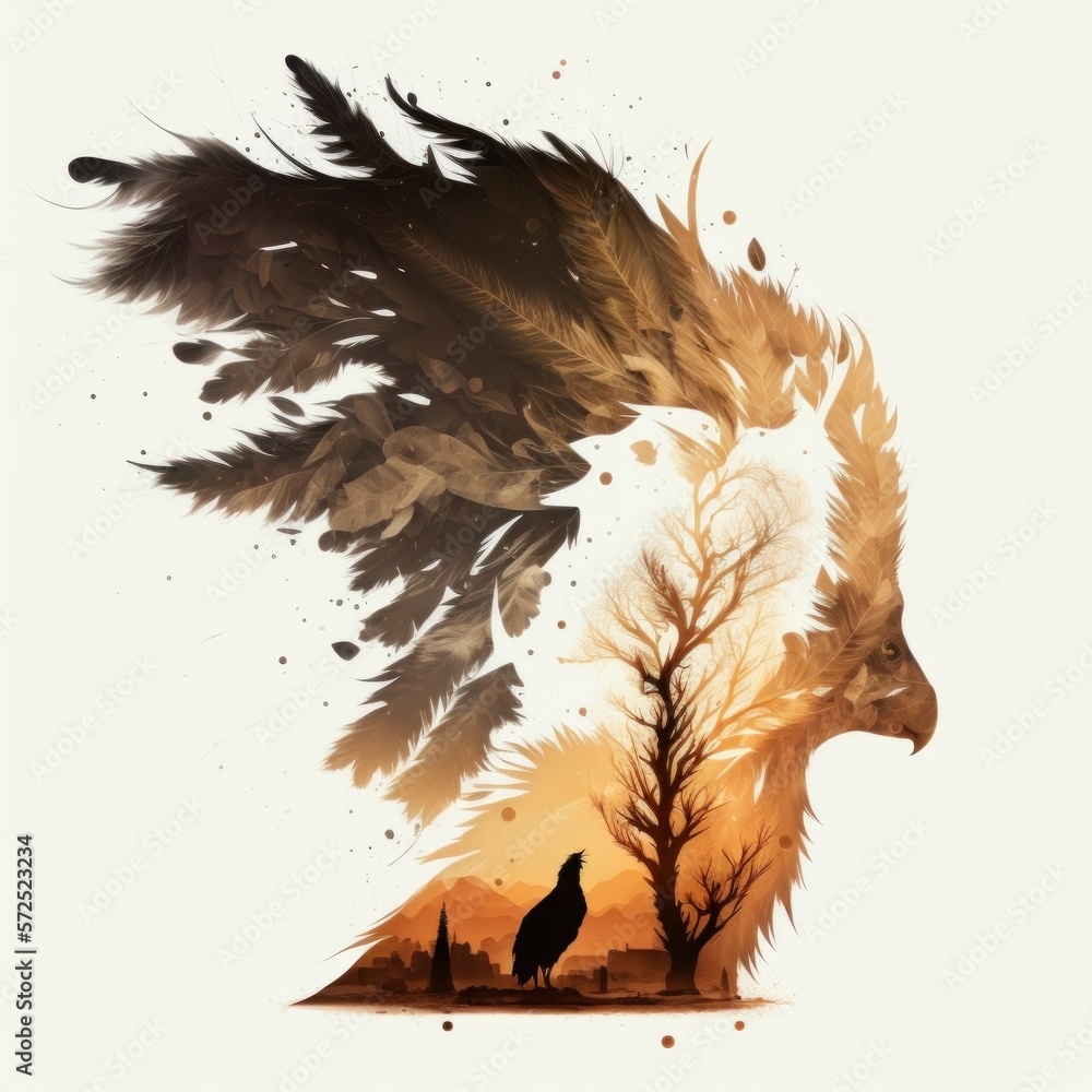 Cool and Beautiful Double Exposure Silhouette Phoenix Animal in Natural ...