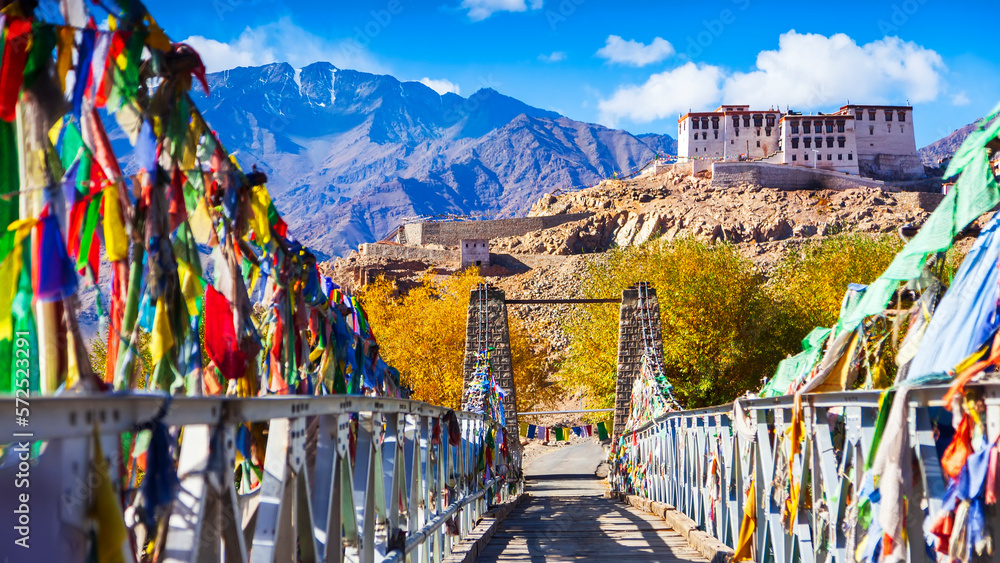 Suspension bridge over a river.The way to Stakna gompa with fall ...