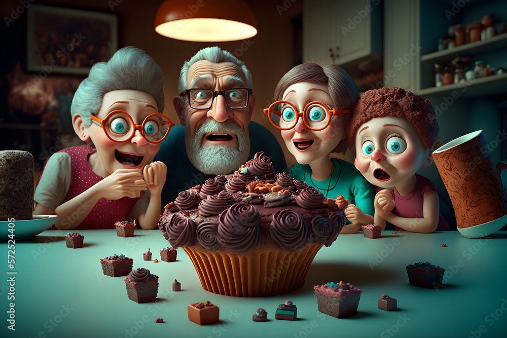 Funny cartoon family eating muffins. Stock Illustration | Adobe Stock