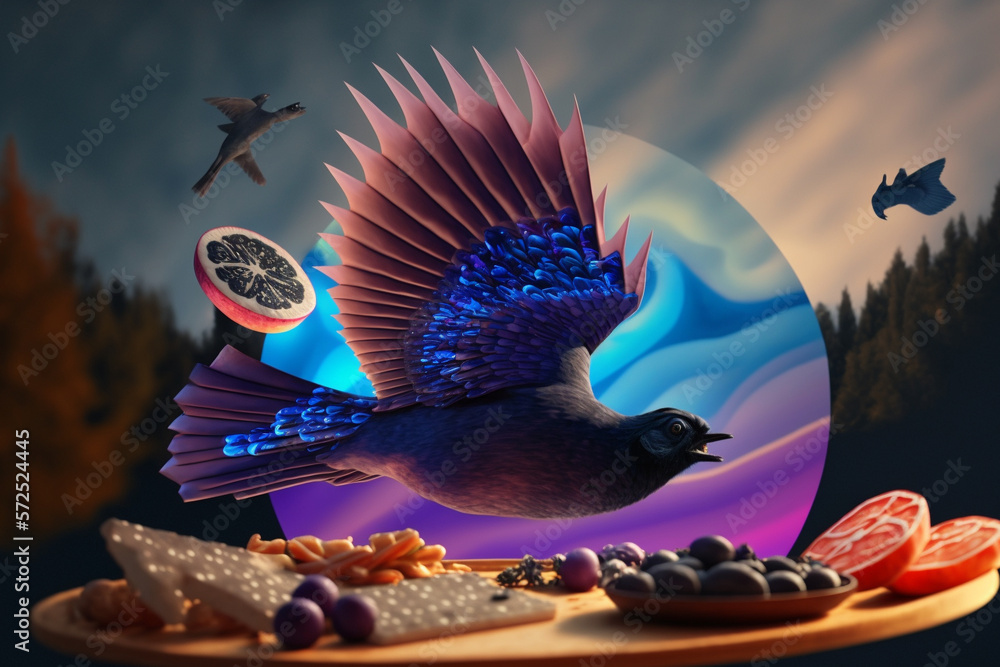 AI-Generated Psychedelic Bird Illustration with a charcuterie board ...