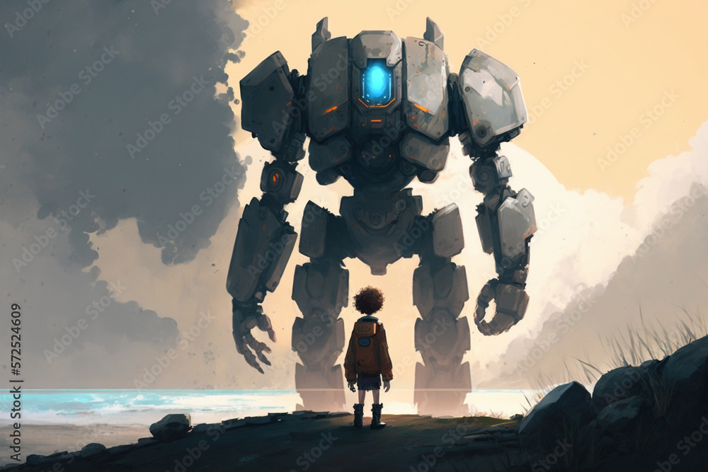 young man standing and looking at a giant sentinel robot digital art ...