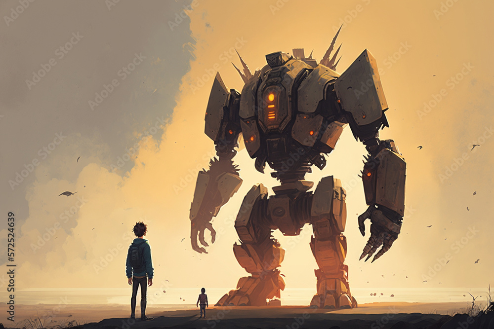 young man standing and looking at a giant sentinel robot digital art ...