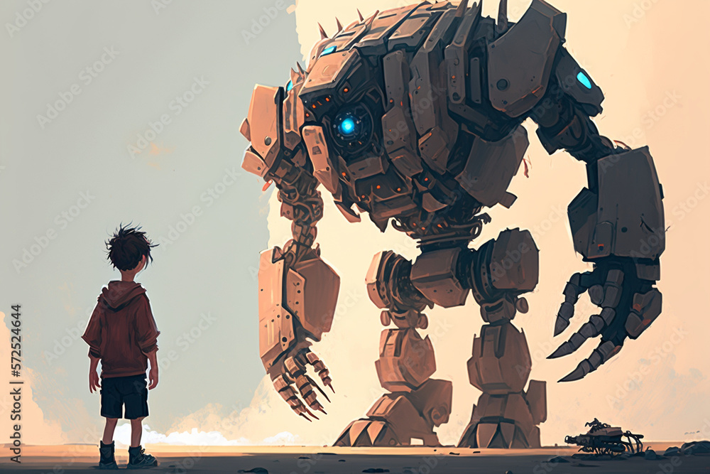 young man standing and looking at a giant sentinel robot digital art ...