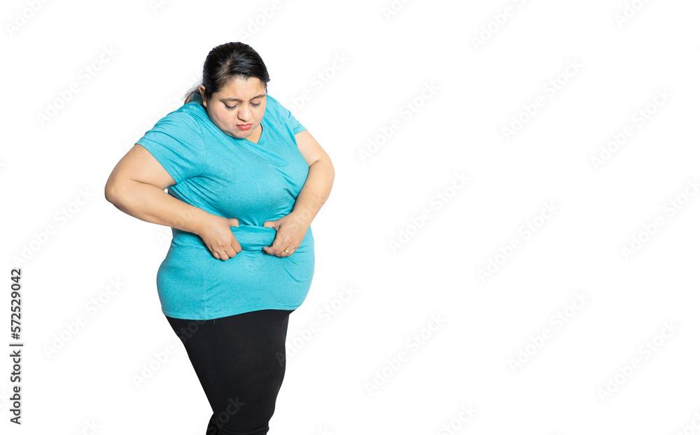 Overweight indian woman holding big belly waistline suffering from ...