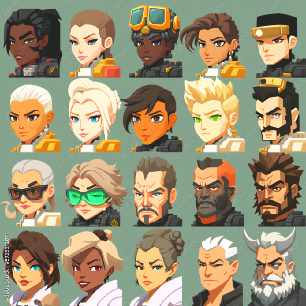 Set of cartoon avatar faces, high quality, games, comics, 3d ...