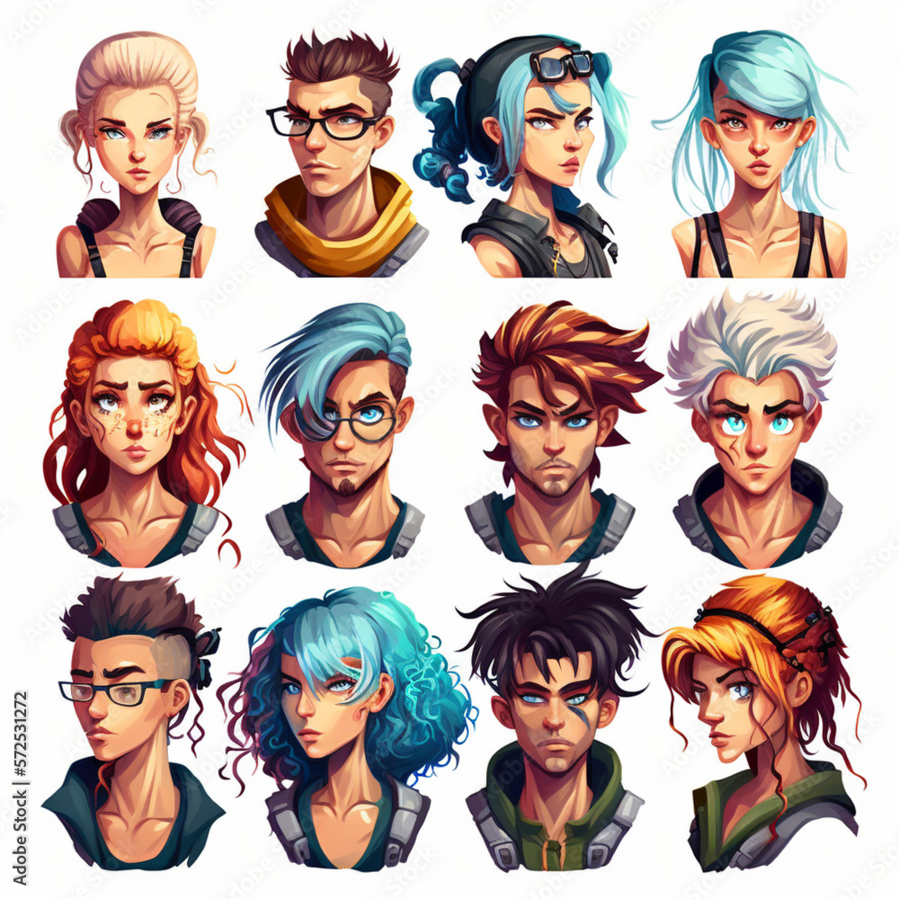 Set of cartoon avatar faces, high quality, games, comics, 3d ...