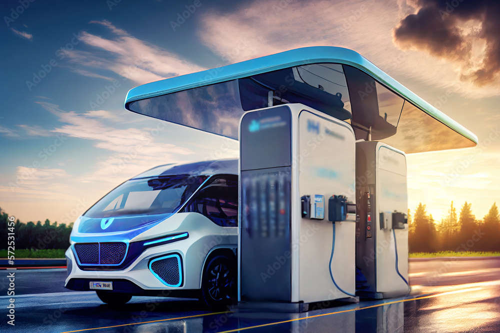 At a modern hydrogen fueling station, a sleek minibus pulls up for a ...