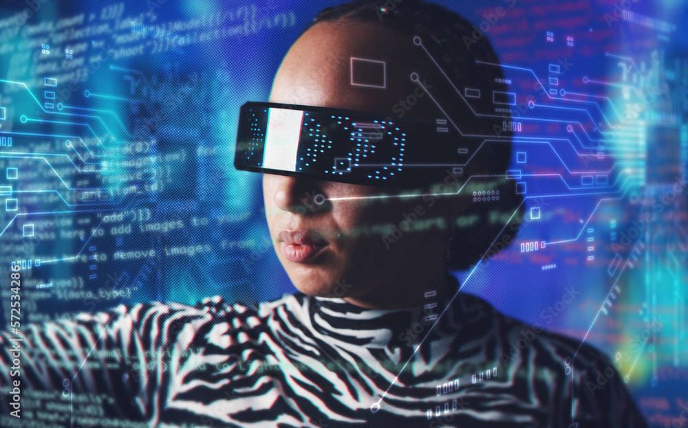 Metaverse, woman and augmented reality glasses with overlay for digital ...