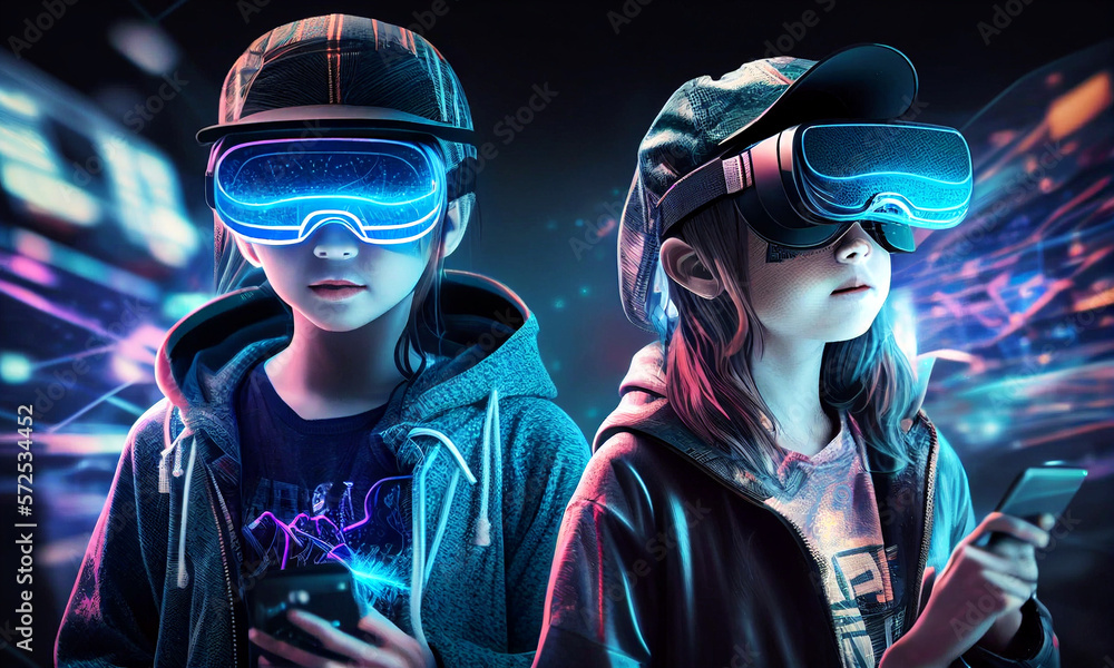 Metaverse digital cyber world technology portrait of boy and girl in ...