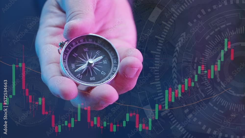 A navigation compass in hand with growing virtual hologram chart of ...