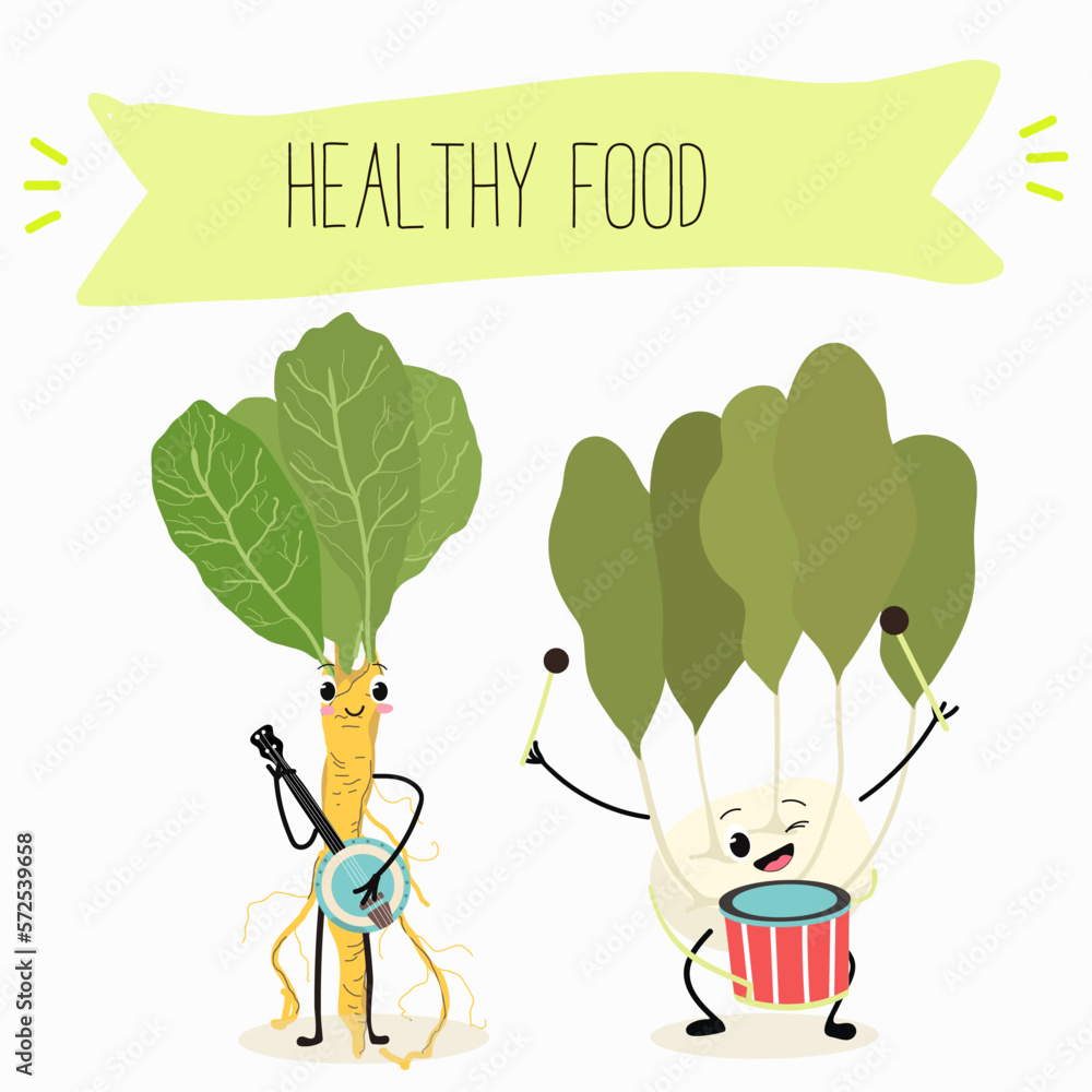Vector Illustration with funny cartoon characters horseradish, kohlrabi ...