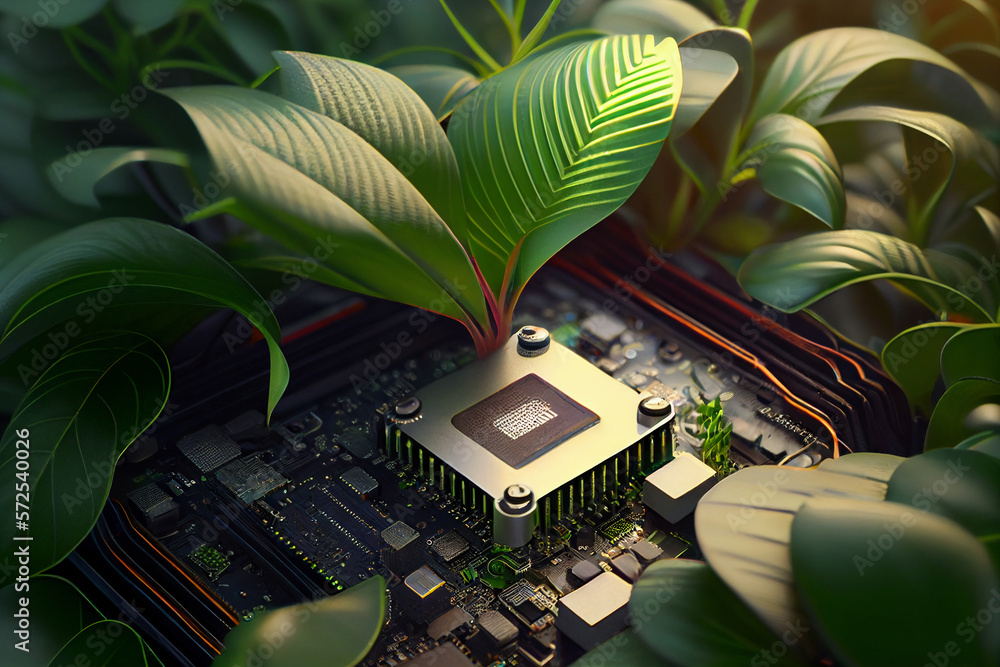 Nature takes back a computer motherboard and grows the CPU socket Stock ...