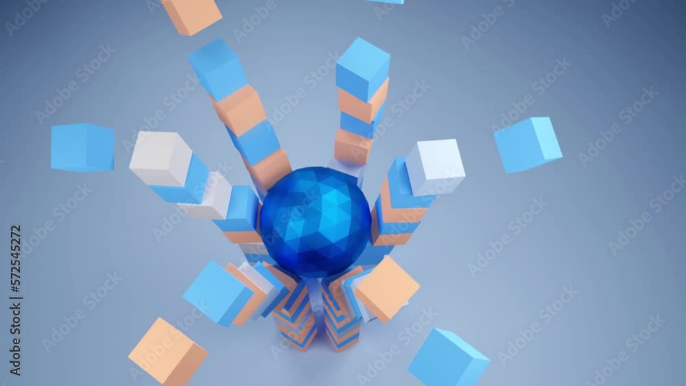 3D animation of falling sphere on cube shape. Futuristic 3D animation ...