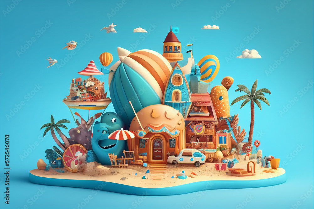 3d cartoon character cute summer travel vacation holiday idea concept ...