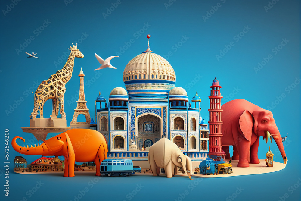 3d cartoon character cute Various tourist attractions in India landmark ...
