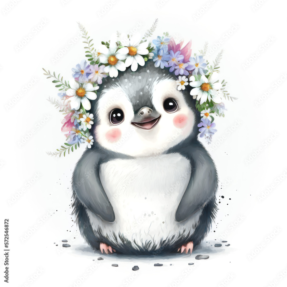 Smiling baby penguin in a floral crown made of spring flowers. Cartoon ...