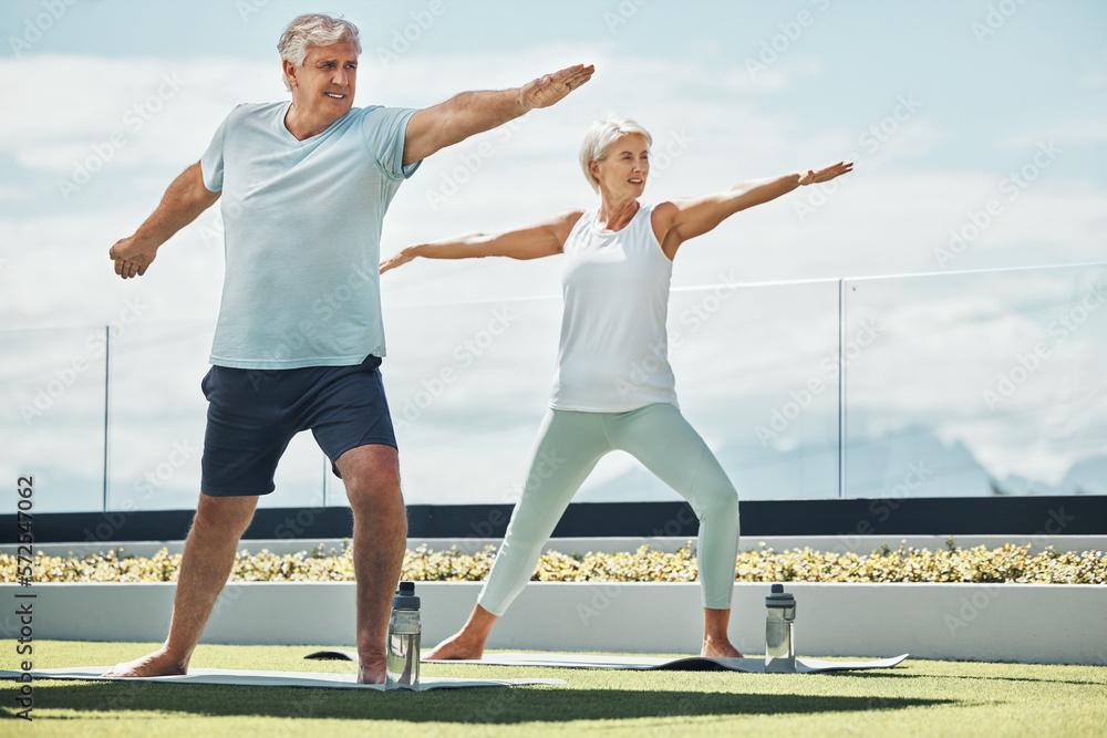 Senior couple, yoga and warrior pose in meditation by countryside for ...