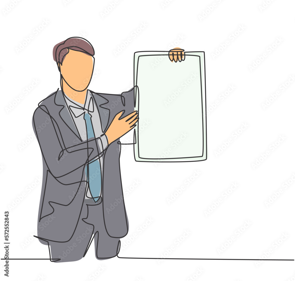 Single continuous line drawing of young presenter giving instruction ...