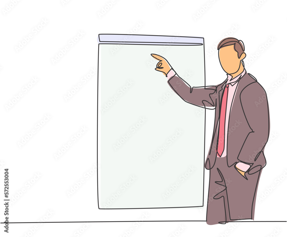 Single continuous line drawing of young business coach pointing finger ...