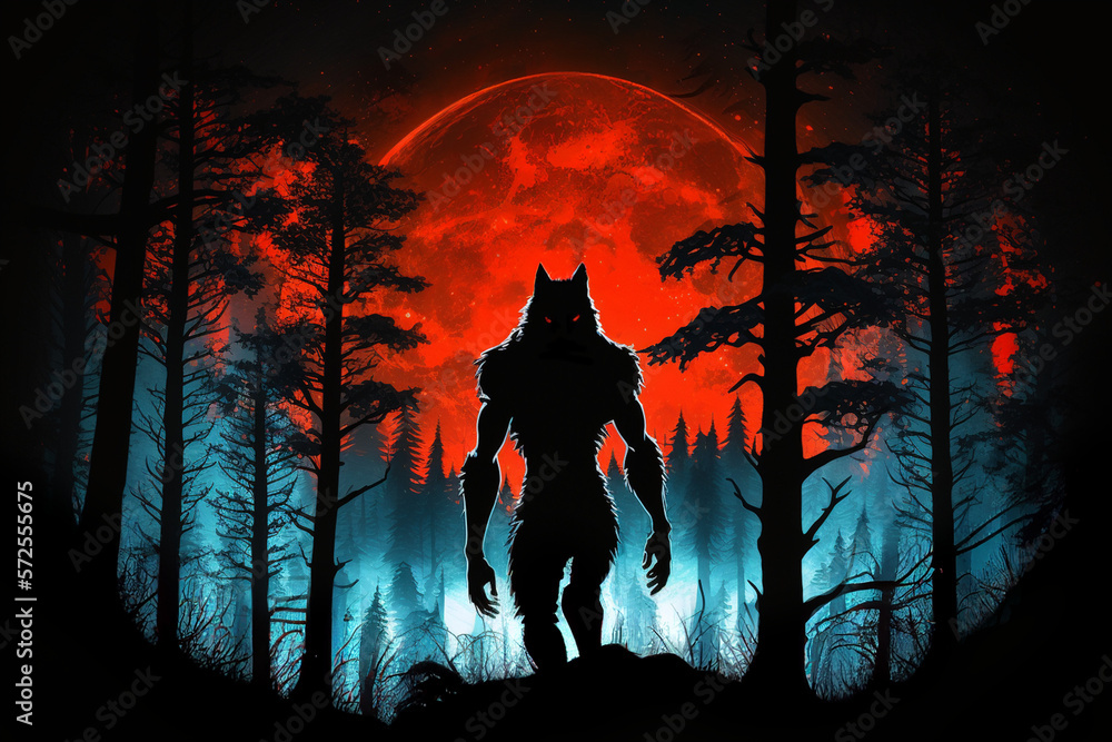 Werewolf dogman silhouette and red full moon in forest created with ...