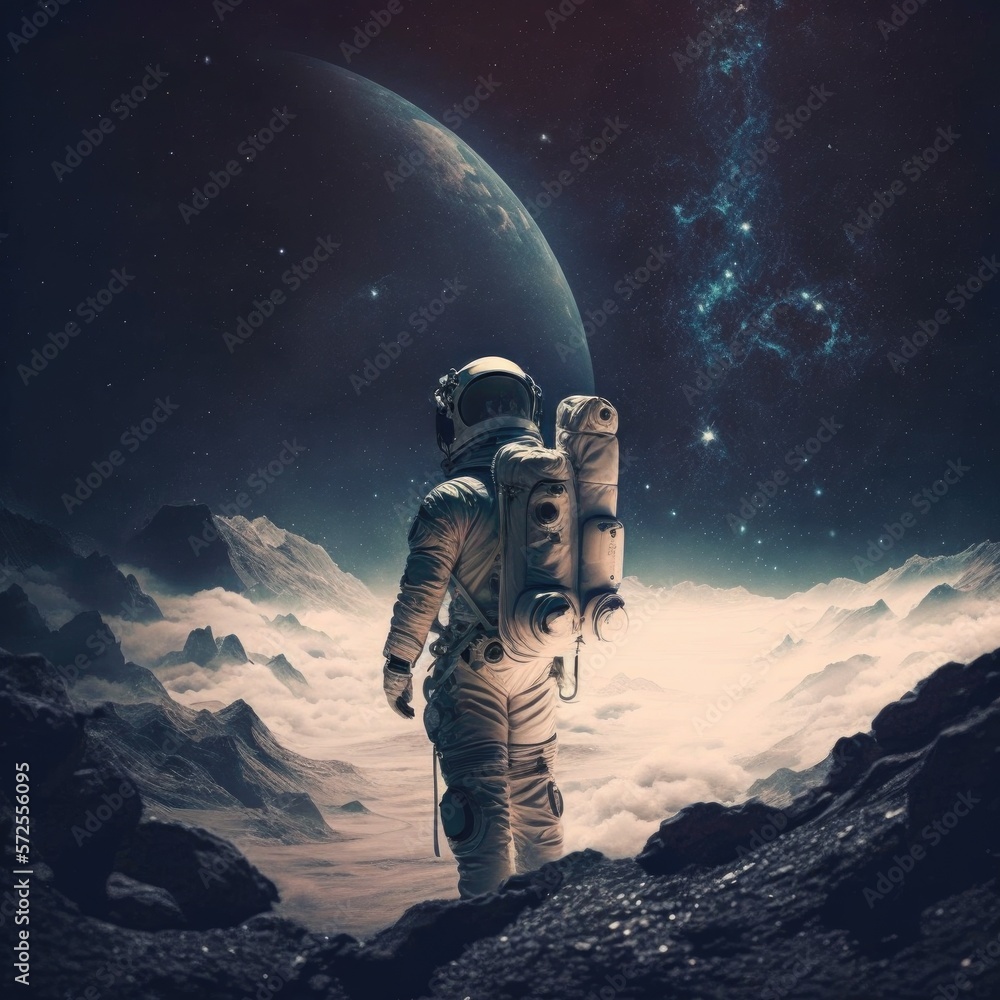 Astronaut on a rock surface with a space background. an astronaut ...