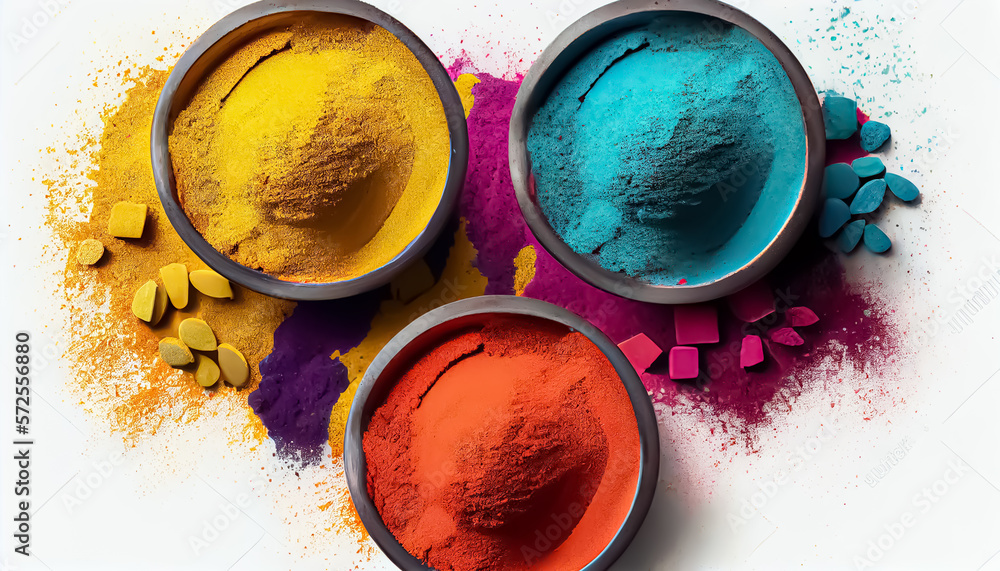 holi color powder. organic gulal colors in bowl generative ai Stock ...