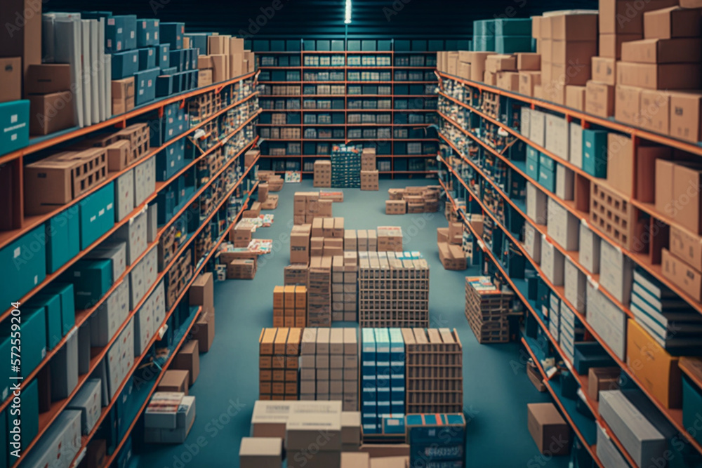 a vast and organized warehouse with rows upon rows of tall shelving ...