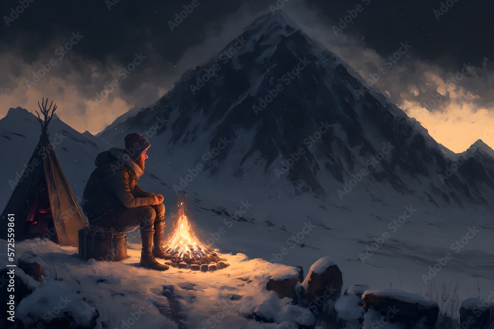 Bonfire lit on a large snowy hillside at dusk. There is a man who looks ...