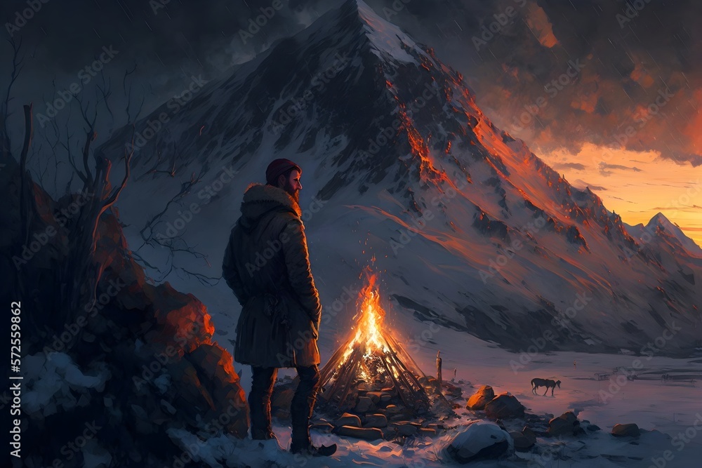 Bonfire lit on a large snowy hillside at dusk. There is a man who looks ...