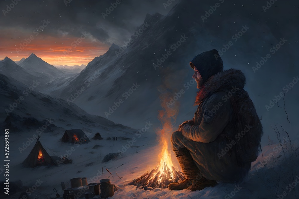 Bonfire lit on a large snowy hillside at dusk. There is a man who looks ...