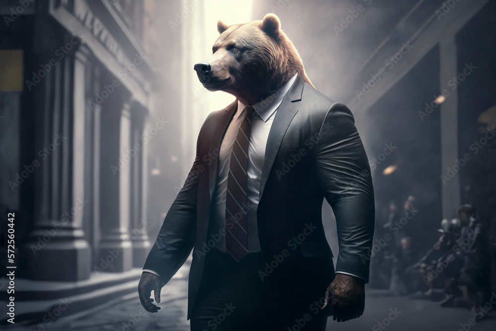 The bear of wall street wearing a business suit, bear market concept ...