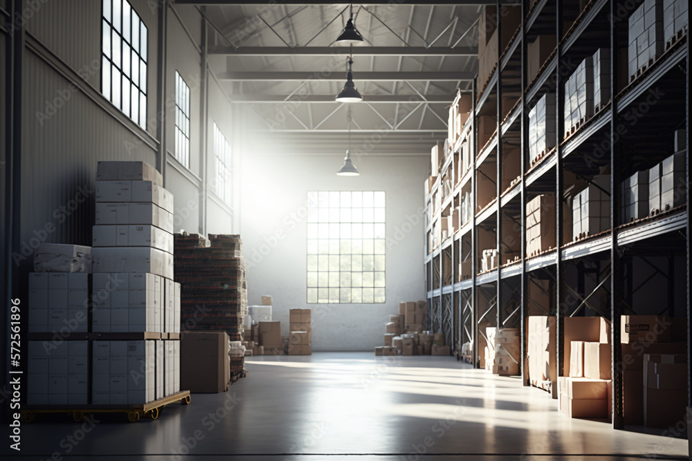 warehouse with high ceilings, brightly lit by natural light and ...