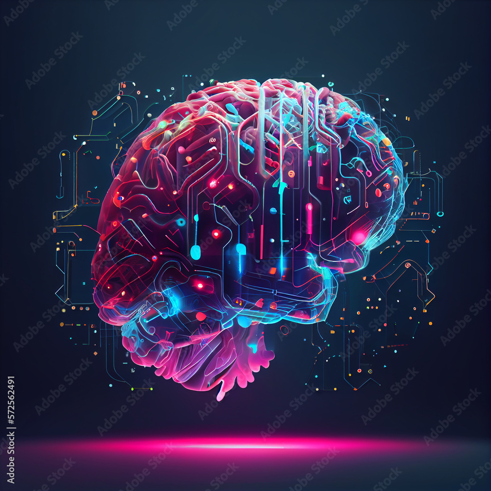 Technological brain abstract neon blue and purple glow circuit board ...