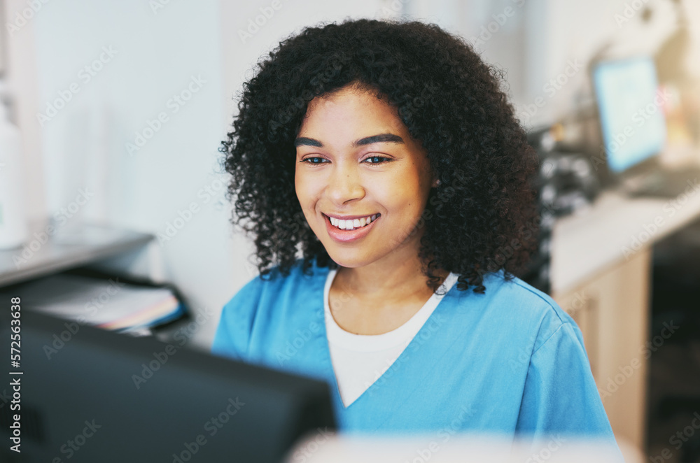 Healthcare, computer and doctor reading an email, research and schedule ...