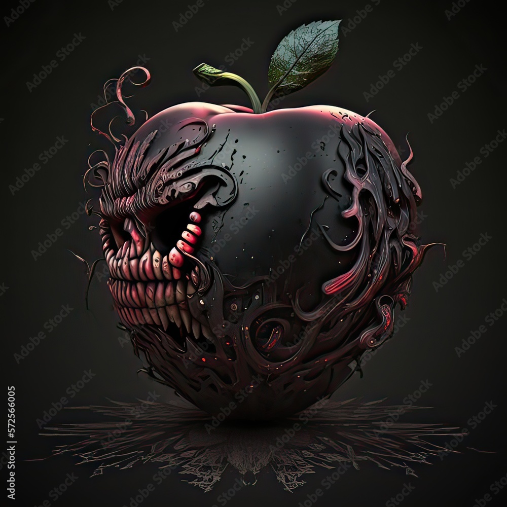 An apple executed in the Gothic style on a black background. Ancient ...