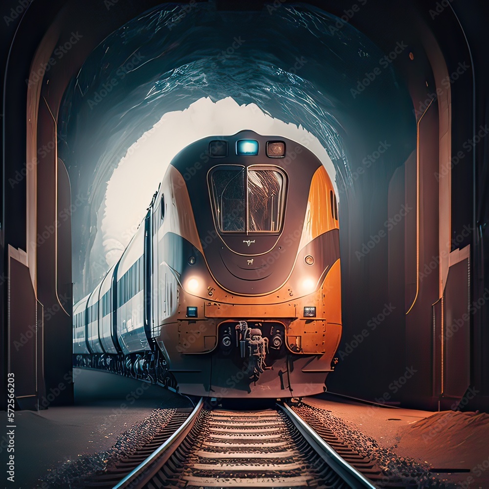 An orange train in a tunnel with its headlights on. Transportation of ...