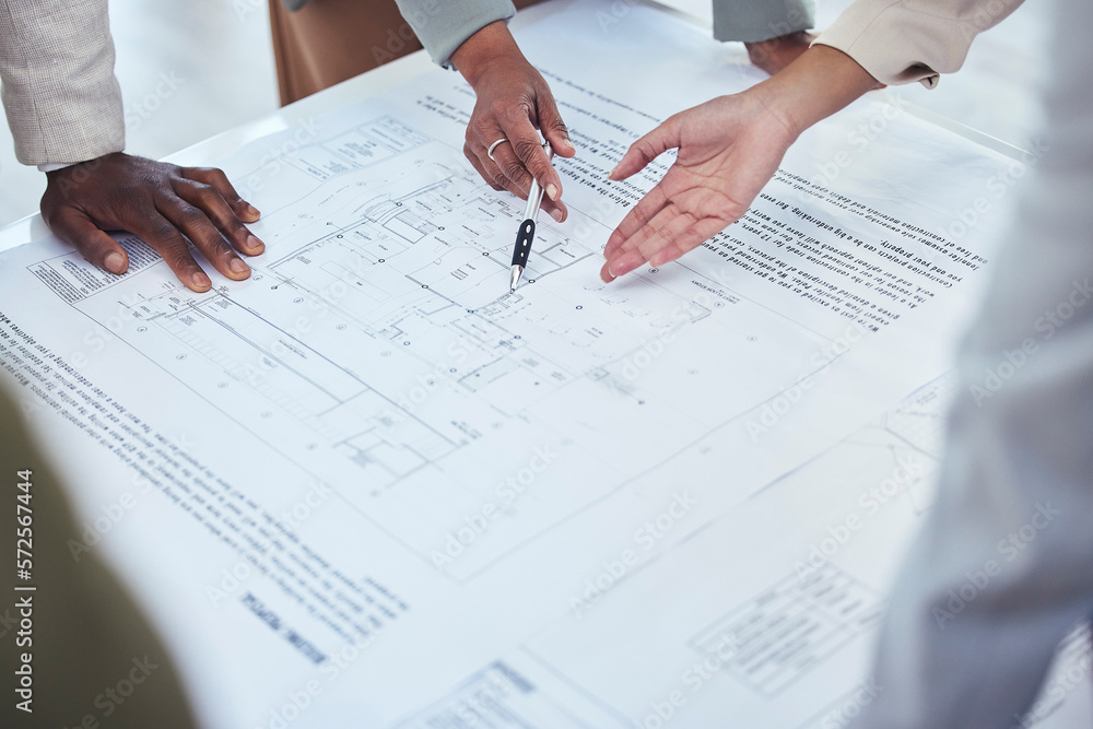Architecture, construction team and hands with blueprint for planning ...