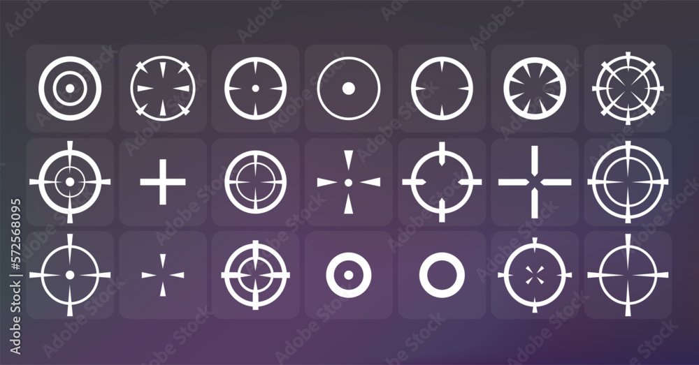 Vector illustration of crosshairs simple icon set isolated on dark ...