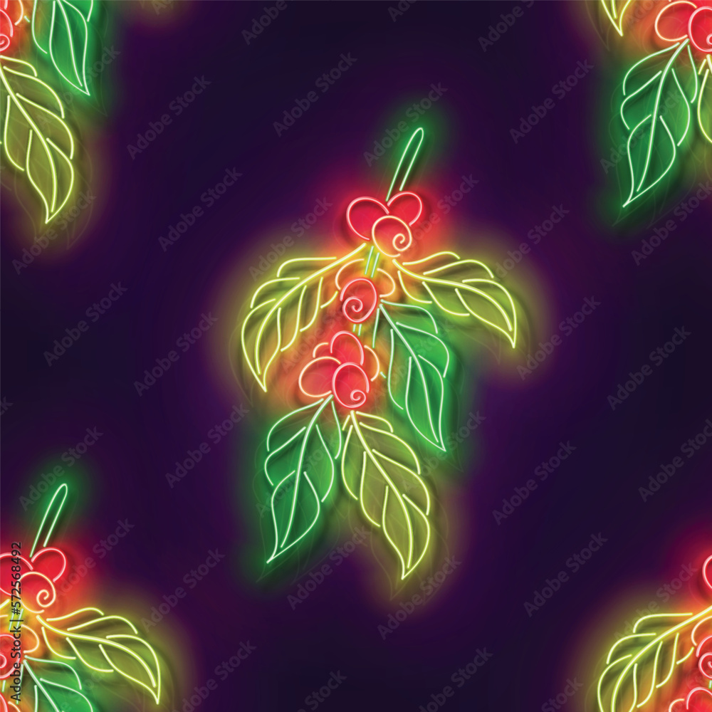 Seamless pattern with glow Branch of Coffee Tree. Organic Shop Label ...