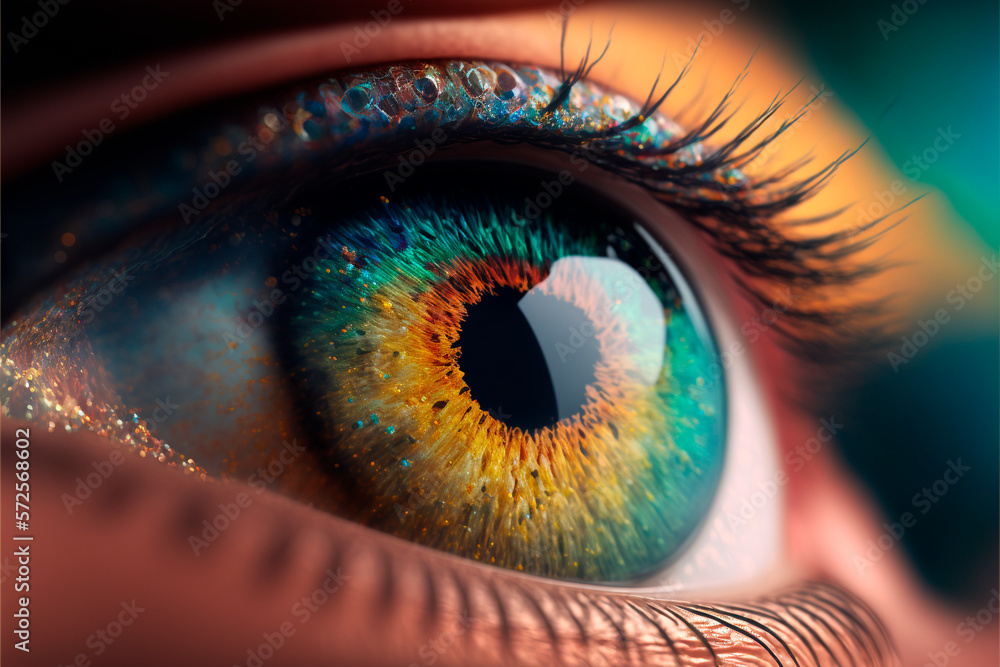 Generative AI, human eye close up with colorful paint , ink splashes ...