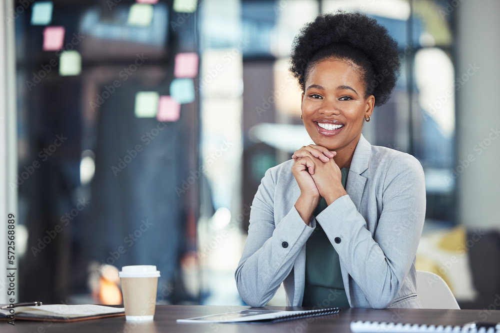 Happy black woman in office portrait for career goals, planning ...