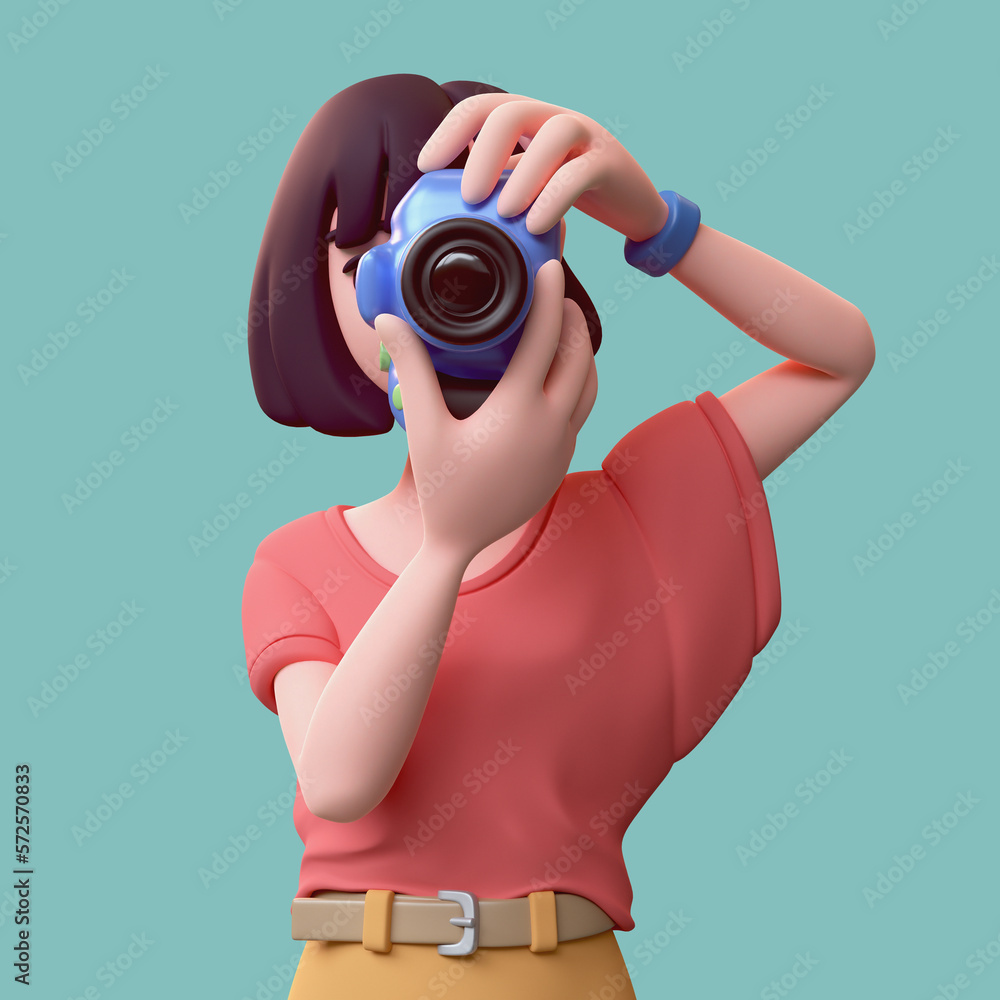 Portrait of cute kawaii funny asian brunette k-pop photographer girl wears fashion casual ...