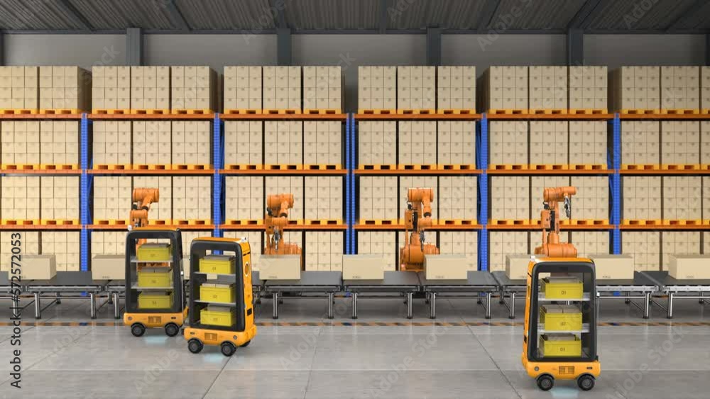 Automation factory or cargo concept with robot arms and warehouse ...