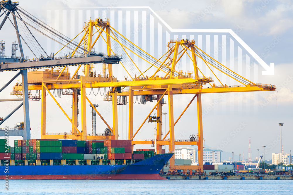 Cargo ship, cargo container work with crane at dock, port or harbour ...